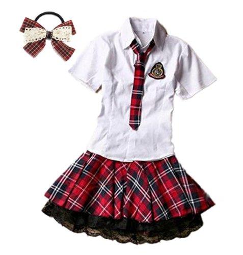 [fesley] 赤チェック 白シャツ コスプレ 衣装 髪飾り 付 コスチューム
