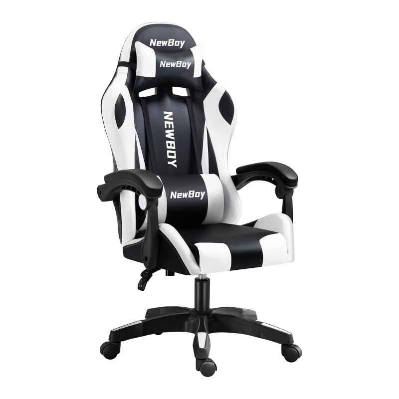 NewBoy ゲーミングチェア gaming chair オフィスチェア オットマン オフィス ゲーム用 リクライニング デスク/パソコンチェア 疲れない 椅子 テレワーク (黒と白)【存在感が強いゲーミングチェア】高級感がある「PUレザー...
