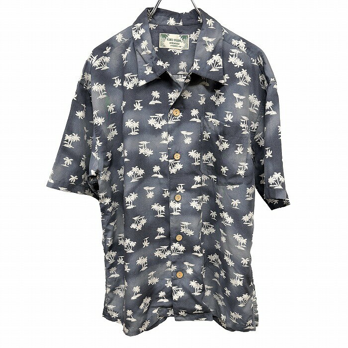 【中古】キキクラブ KIKI CLUB HONOLULU HAWAII アロハシャツ 開襟 ヤシの木柄 半袖 胸ポケット ポリノジック M ネイビー 紺×白×グレー メンズ 商品データ ブランド KIKI CLUB HONOLULU HAW...