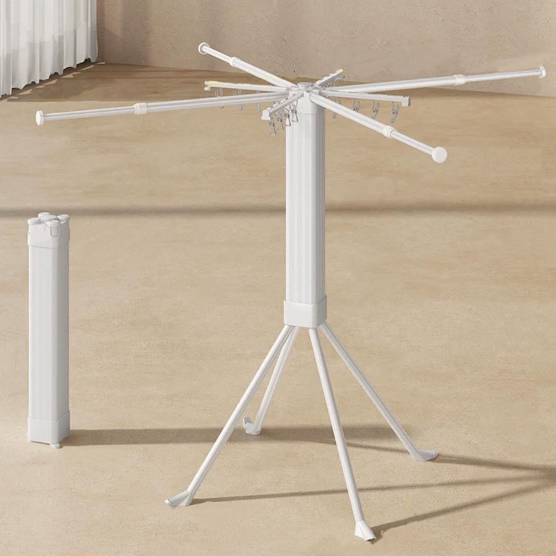 材質：この室内物干しラックは炭素鋼（たんそこう）製で、強度が高く優れた耐荷重性能を備えています。複数の衣類の重量に耐え、変形や破損しにくい特長があります。長寿命で耐摩耗性に優れ、長期間の使用に適しています。伸縮ポール: ポールの長さを調節可...