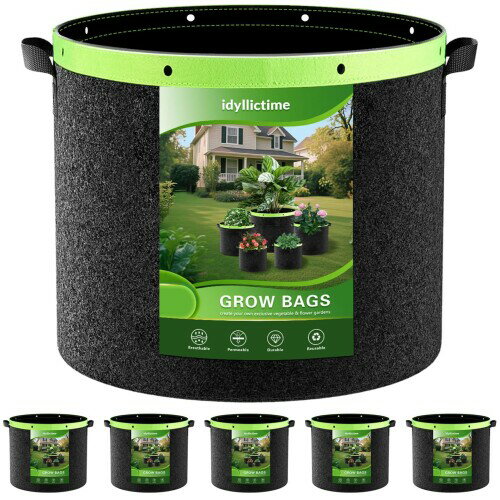 idyllictime 不織布 プランター 6個パック 2mm 400g より頑丈な 厚手の不織布 ガーデン 植物 ファブリックポット (黒, 10ガロン) 2mm、400g 素材:idyllictimeの植物栽培バッグは、2倍の厚さ(2m...