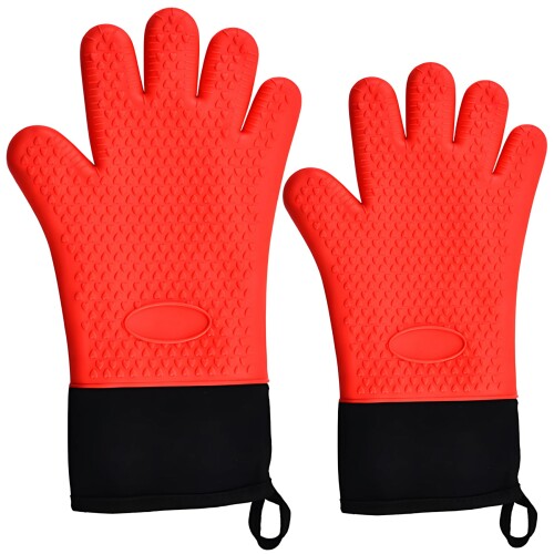 Mellbo オーブンミトン 耐熱手袋 耐グローブ 焚き火 二層構造 耐熱220[度] 火傷防止 キッチン 料理 アウトドア キャンプ 5本指 サッと洗えて清潔 防水シリコン素材 34×21×14cm レッド ? 【二層構造でガッチリ守る】...