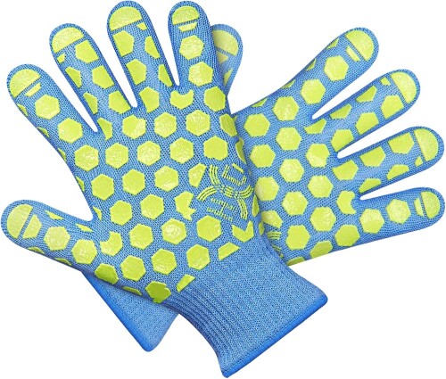 J H 耐熱オーブングローブ：EN407認証 932°F バーベキュー&オーブンミット グリル、ベーキング、キッチン、キャンプ、暖炉屋内&屋外用 1ペア (青と黄色, Women Fits All) 耐熱性能: 932°F(500[度])ま...