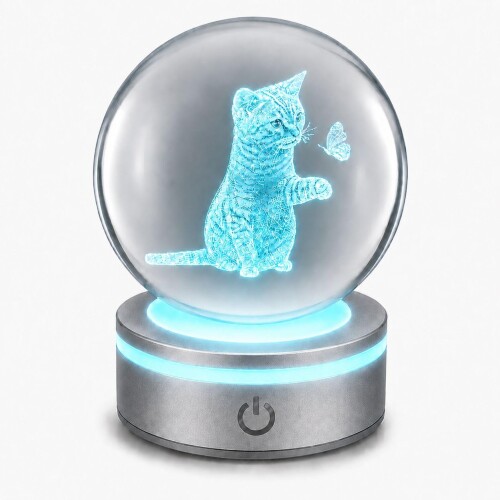 East Leaf クリスタル 3D オブジェ 誕生日 記念日 可愛い プレゼント ギフト インテリア LED ライトスタンド 電池 USB 対応 高さ8cm (ねこ（球）) 【3Dレーザー彫り】: レーザー彫刻技術を使用し、色あせないデザ...