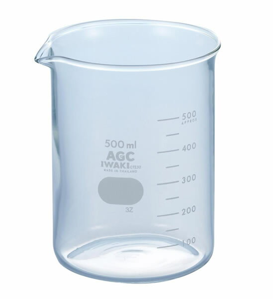 ＜仕様＞ 材質：硼珪酸ガラス(JIS R 3503準拠 IWAKITE-32 ) 容量：500mL 胴外径×全高：90φ×125mm 目盛：50mL 入数：1