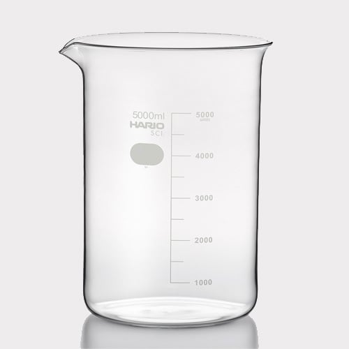 ＜仕様＞ 材質：硼珪酸ガラス(JIS R 3503準拠 ハリオ-32) 容量：5000mL 胴外径×全高：180φ×280mm 目盛：500mL 入数：1