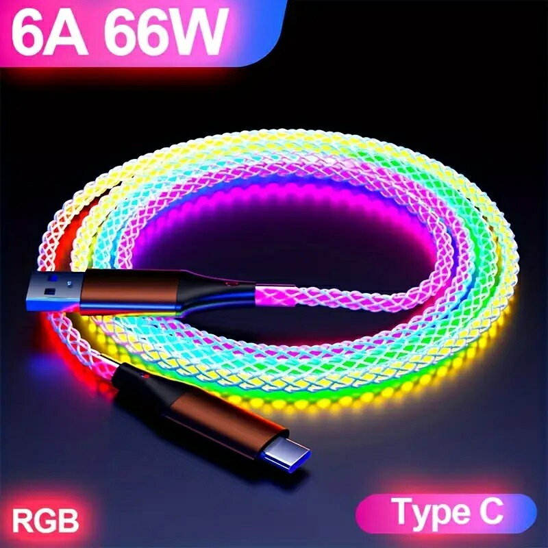 Type-C カラフル光る充電ケーブル 66W 超高速充電 USB-C ケーブル RGB グラデーションライト付き 光る 急速充電 ケーブル 充電コード データ転送対応 USB イルミネーション おしゃれ 車載 スマートフォン用 タイプC ...