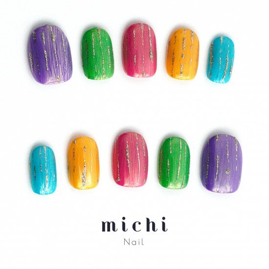 [商品説明]アジアンな5色のカラーにオーロラ系ゴールドミラーをかけ、敢えて削って質感を出した無機質ネイル。