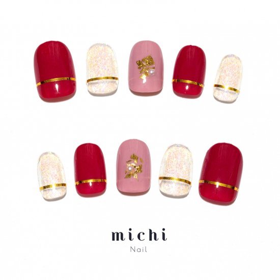 [商品説明]深みのある赤とキラキラの中にゴールドラインと金箔で締まりのあるデザインです。