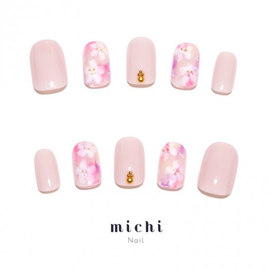 [商品説明]ベージュピンクベースにふんわりした小花をアート。