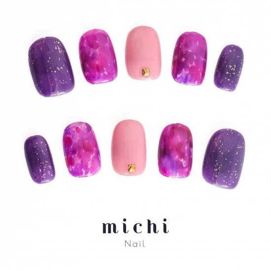 [商品説明]パープル系にピンクを差し色にしたインク風ネイルです。パープルにちりばめられているラメが可愛いです。