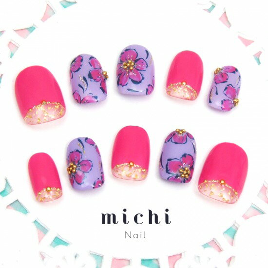 [商品説明]ショッキングピンク×パープルで、可愛くそしてお目立ち抜群のガールズネイル♪大きすぎず小さすぎず、ちょうど良い大きさのお花アートで全体を華やかに＊お花アートがお好きな方、逆フレンチがお好きな方、ショッキングピンクカラーがお好きな方...