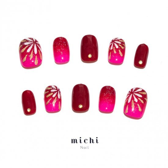 [商品説明]フーシャピンク×ボルドーグラデーションに鮮やかな花火を入れて。蓄光なので夜には花火だけが浮かび上がります。花火大会やフェス、イベントにオススメ。