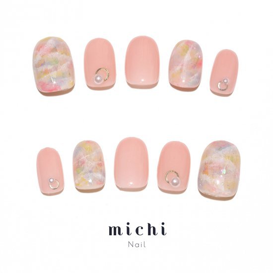 [商品説明]派手になりがちな天然石ネイルをふんわりカラーで仕上げました。シアー系ピンクとあわせてふんわり女子ネイルに。