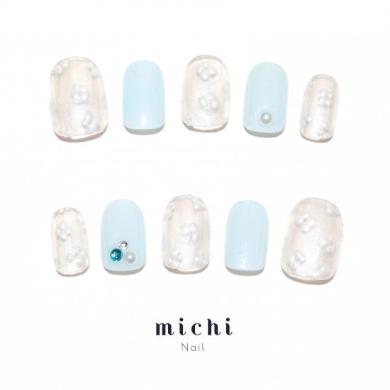 [商品説明]パールホワイトのシースルーフラワーとラメ入りパステルブルーのデザインです。純白ドレスや様々なカラードレスと好相性です。