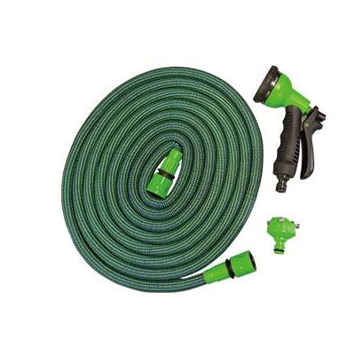 【水が流れるとどんどんのびーる改良型伸縮ホース】●従来品より耐久性がアップした改良型です。●伸縮率は約3倍(最大15m⇔収縮時5m)●水圧で伸びる秘密は伸縮ホースの多層構造にあり●内側ホースは伸縮性の高い二層ラテックス構造！厚みもアップ！よ...