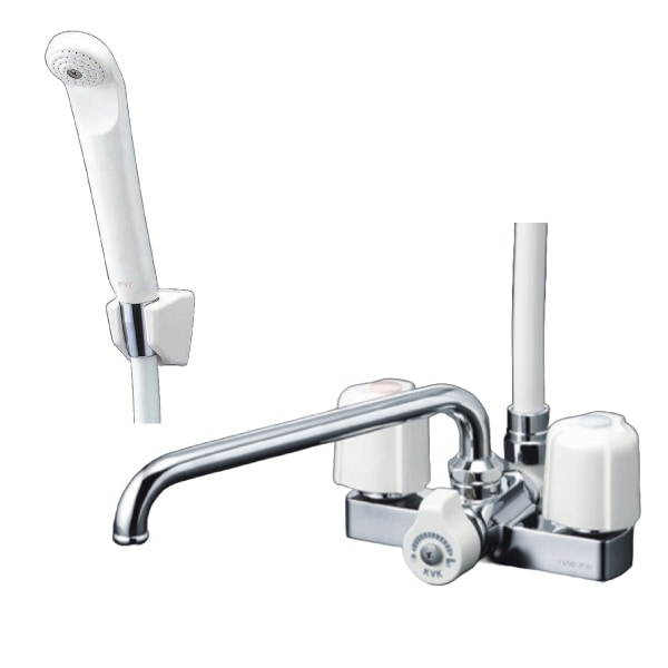 適用水栓メーカー：(株)KVK?商品情報：共用デッキ2ハンドル水栓 （ホワイト・一時止水付・24cmパイプ付)型式：KF206ZR2HT（寒冷地用）注意事項：ご使用中の商品のサイズをご確認下さい。購入後の交換・返品はできませんのでよくご確認...