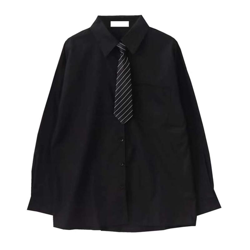 JDL レディース シャツ長袖 夏服春秋カジュアル コットン シャツメンズ ネクタイ付き白 黒 ワイシャツ大きいサイズゆったり シンプル 開襟シャツ春 秋 男女兼用フリーサイズ：着丈68cm　バスト108cm　袖丈48cm 肩幅54cm ネ...