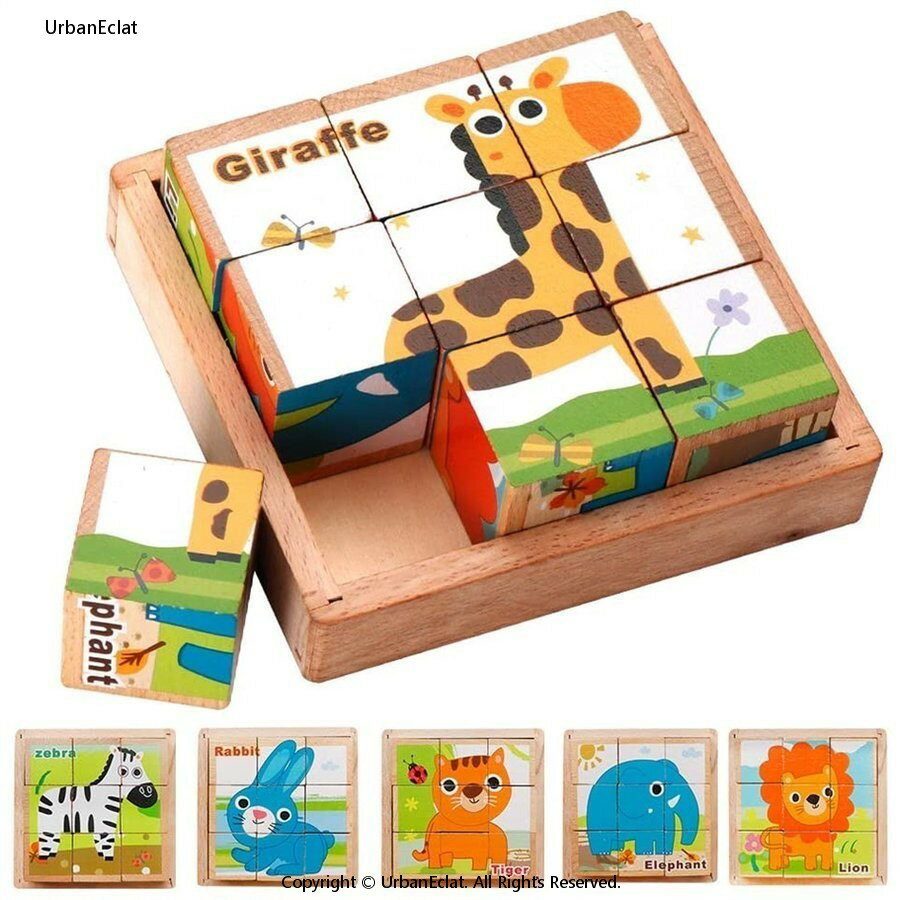 商品説明： キューブパズルでは、3.5cmの立方体6面に可愛い動物のイラストがかくれています。ウサギ、トラ、ゾウ、ライオン、ジラフ、シマウマ、大人気の動物柄。遊びながら空間認知し、アニマルの認識、英語を勉強し、知的活動を促します。9コマ全て...