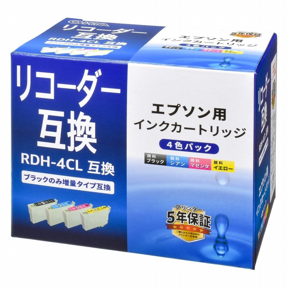 エプソンの純正インクカートリッジ リコーダー 顔料4色パック(RDH-4CL)の代わりに使える互換インクカートリッジです。この商品はプリンター5年間保証対象品です。適合機種:PX-048A、PX-049Aカラー:顔料ブラック、顔料シアン、顔...