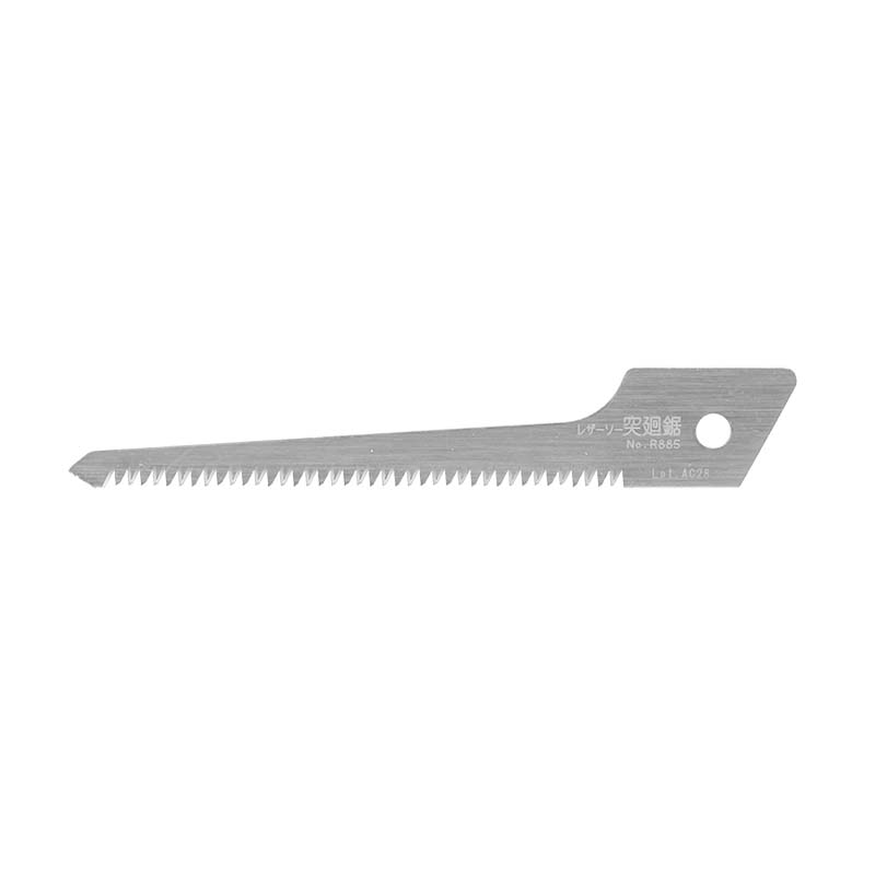 携帯に便利なカッター型、 廻し易い厚刃タイプの突廻鋸！ 品　番：R885 刃　長：80mm 板　厚：0.9mm ピッチ：1.9mm 参考切幅：1.1mm 材　質：刃：SK材 入　数：1枚類似商品はこちら替刃のみ 鋸 レザーソー 引廻鋸 替刃...