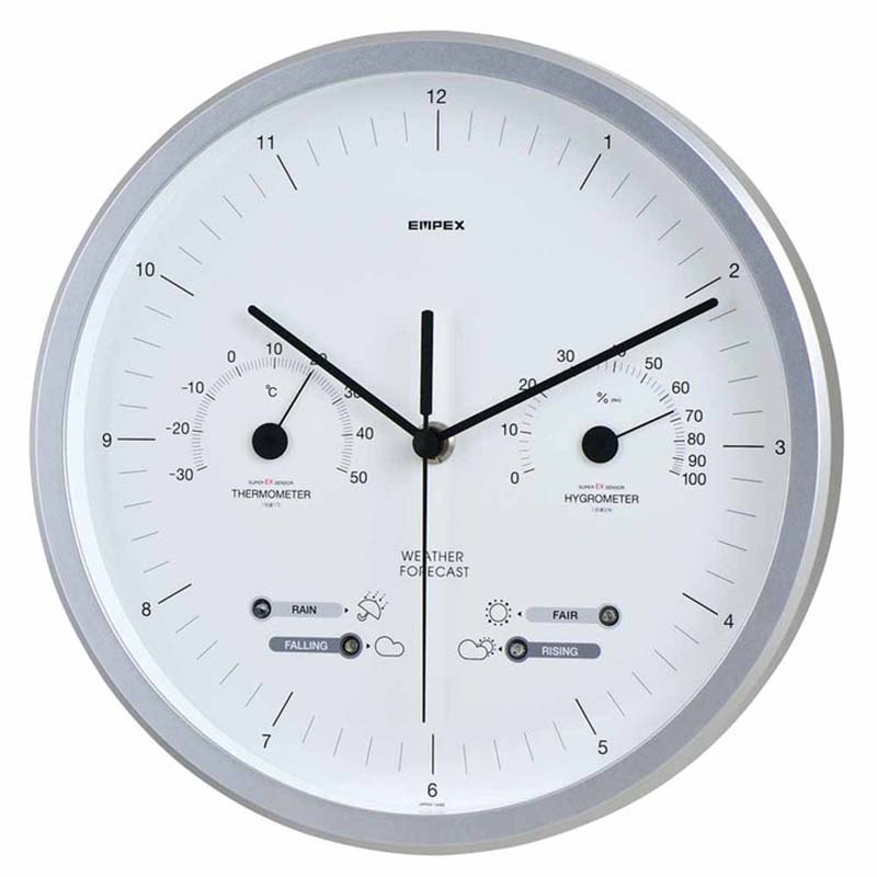 LEDランプが明日の天気をお知らせしてくれる万能お天気時計。 シャインシルバーの塗装枠と、モノトーンの文字盤がとってもクールで格好いい！ 難しい操作は一切不要。 4つの光でお天気をお知らせ。 シンプルな仕様なので、御自宅、オフィス、学校、病...