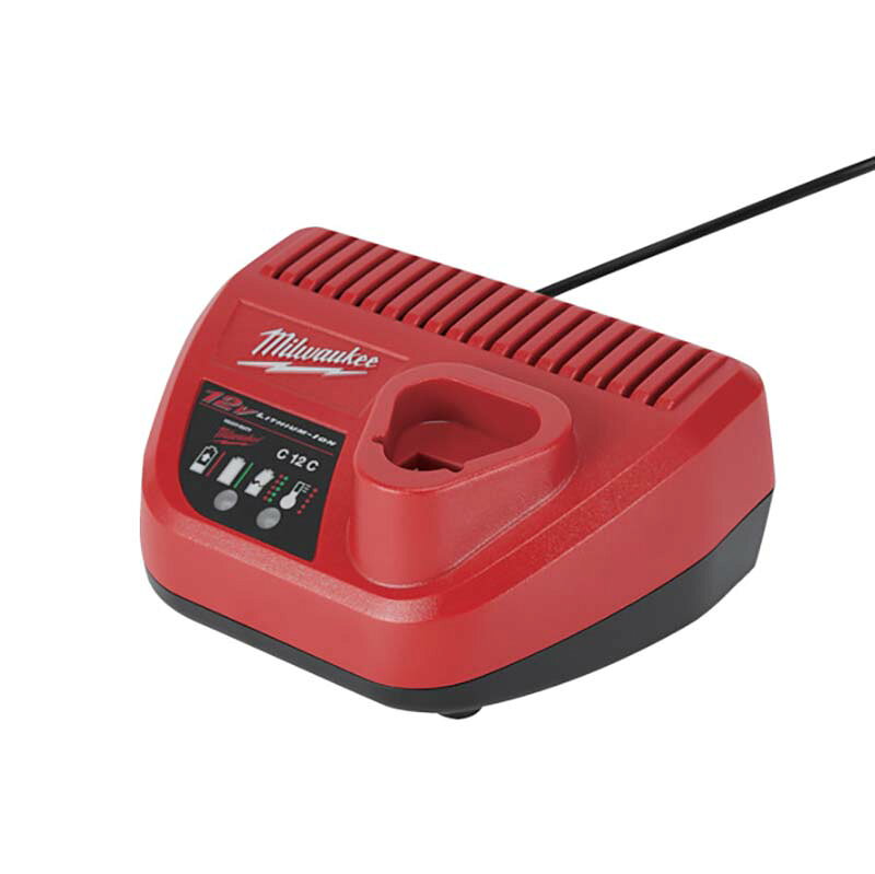ミルウォーキーのM12バッテリー全てを充電できます。 M12バッテリーを1台充電可能。 品　番：C12CJP 重　量：0.5kg 電　源：AC100V 適合機種：M12シリーズ 充電可能電圧：12V 充電時間：M12 2.0Ah 40分、M...