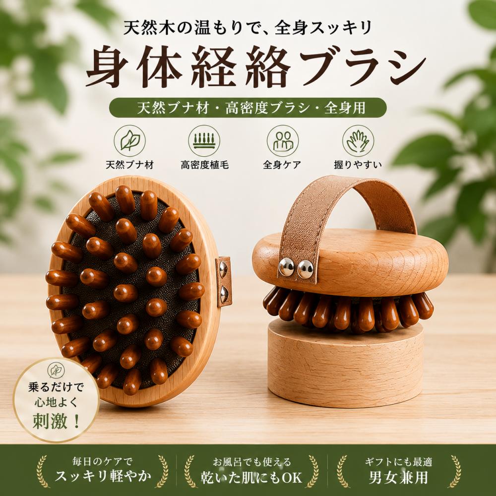 天然ブナ材ボディブラシ ― 毎日のバスタイムをより快適に 上質な天然ブナ材を使用したボディブラシです。 手になじみやすい形状で、背中や肩、腕、脚など全身のブラッシングにお使いいただけます。 乾いた状態でも、お風呂でも使用できる乾湿両用タイプ...