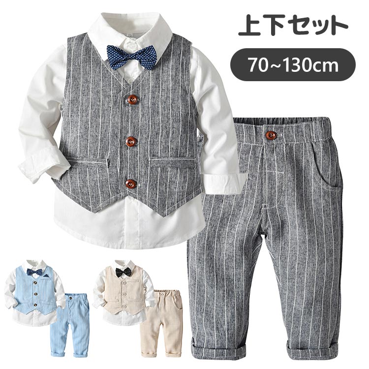 商品説明商品紹介ベスト・パンツ・シャツに蝶ネクタイがセットになって、着せるだけできちんとしたフォーマルセットです。70~130cmサイズまでの幅広いサイズ展開で、兄弟でおそろいコーデも楽しめるでしょう。シャツを変えれば、様々なコーディネート...