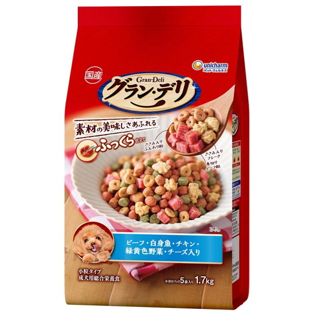 グラン・デリ　ソフト　ビーフ・白身魚・チキン・緑黄色野菜・チーズ入り　1．7kg○リニューアル等により、パッケージ画像は予告なく変更されることがあります。お届けの商品と異なる場合がございますのでご了承ください。○●国産のお肉たっぷり、美味し...
