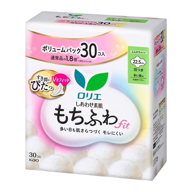 ロリエ　しあわせ素肌　もちふわfit　ボリュームパック　多い昼用22．5cm　羽つき　30個○リニューアル等により、パッケージ画像は予告なく変更されることがあります。お届けの商品と異なる場合がございますのでご了承ください。○新感覚！もちふわ...
