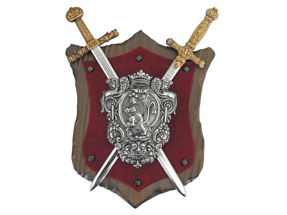 全長 約21cm 材質 亜鉛合金ダイキャスト・ウッド 包装 1ケ箱入り　 生産国 スペイン グレード評価 ☆盾とソード2本のミニチュア壁飾り