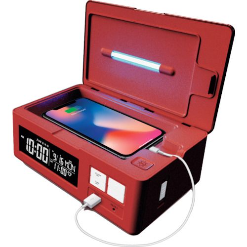 特長:●スマホをUSB充電＋除菌できる時計です。 仕様:●幅(mm)：215●奥行(mm)：84●高さ(mm)：133●色：赤●電源：ACアダプター●電池寿命：約1年●電源(V)：ACアダプター 仕様2:●クオーツ・アラーム・スヌーズ・US...