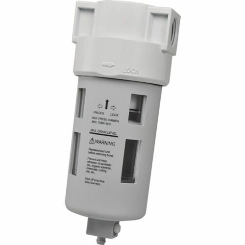 特長:●空気中の水滴やゴミを取り除き、清浄な空気を供給します。 仕様:●ろ過精度(μm)：5●使用圧力(MPa)：1●接続口径：Rc3/8●全長(mm)：173●全幅(mm)：75●ドレン排出方法：手動●使用流体：空気●流体温度(℃)：5〜...