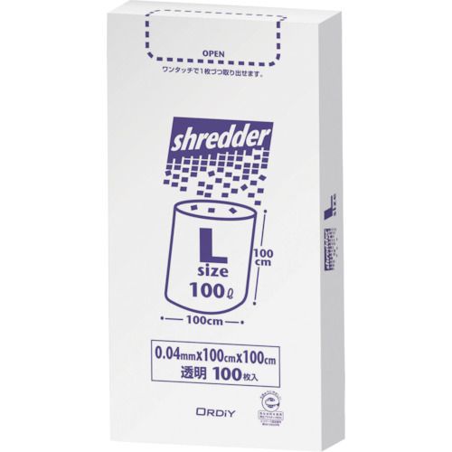 特長:●シュレッダーのゴミ捨てを快適にしてくれるゴミ袋です。 用途:●シュレッダーのゴミ袋に。 仕様:●縦(mm)：1000●横(mm)：1000●厚さ(mm)：0.04●容量(L)：100●色：透明 材質／仕上:●LD(低密度ポリエチレン...