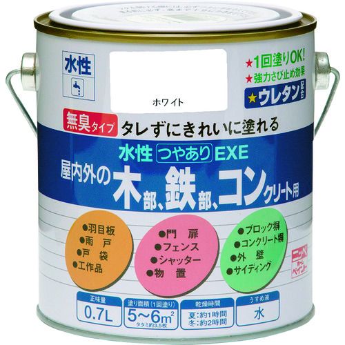 特長:●タレずに塗れる、1回塗りの水性ツヤあり塗料です。●イヤな臭いのない無臭タイプの塗料です。●乾きが早く、乾くと日光や雨に強い塗膜となります。 用途:●屋内外の鉄部・木部・コンクリートなど、広い用途に使えます。 仕様:●色：ホワイト●容...