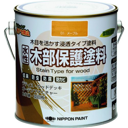 特長:●水性タイプなので、初めての方にも手軽に塗装できる木部保護塗料です。●木材の防虫・防腐・防かび効果に優れ、木材に浸透して木の腐蝕を防ぎます。●木目を生かした半透明仕上げができ、紫外線吸収剤（UVカット）により、色アセ・劣化を防止します...