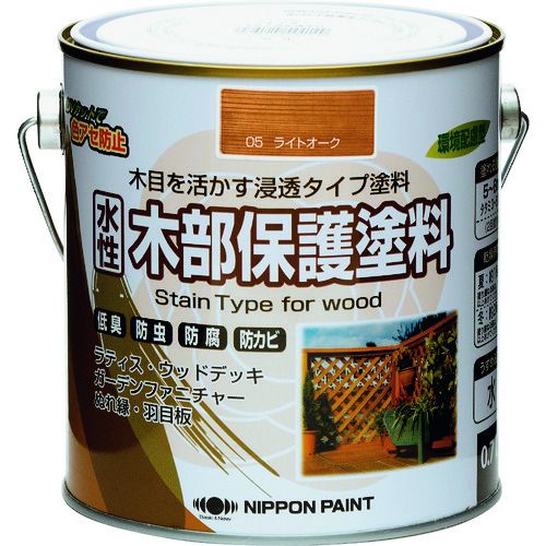 特長:●水性タイプなので、初めての方にも手軽に塗装できる木部保護塗料です。●木材の防虫・防腐・防かび効果に優れ、木材に浸透して木の腐蝕を防ぎます。●木目を生かした半透明仕上げができ、紫外線吸収剤（UVカット）により、色アセ・劣化を防止します...