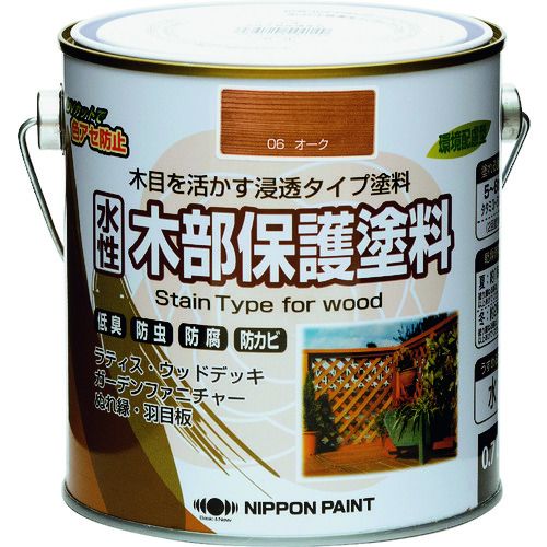特長:●水性タイプなので、初めての方にも手軽に塗装できる木部保護塗料です。●木材の防虫・防腐・防かび効果に優れ、木材に浸透して木の腐蝕を防ぎます。●木目を生かした半透明仕上げができ、紫外線吸収剤（UVカット）により、色アセ・劣化を防止します...