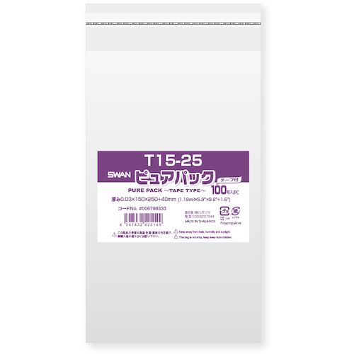 特長:●「ピュアパック」は海外製フィルムを使用したエコノミータイプのOPP袋です。●Tシリーズは作業性の良いテープ付でワンタッチで封ができます。 仕様:●色：透明●縦(mm)：250●横(mm)：150●厚さ(mm)：0.03●幅(mm)：...