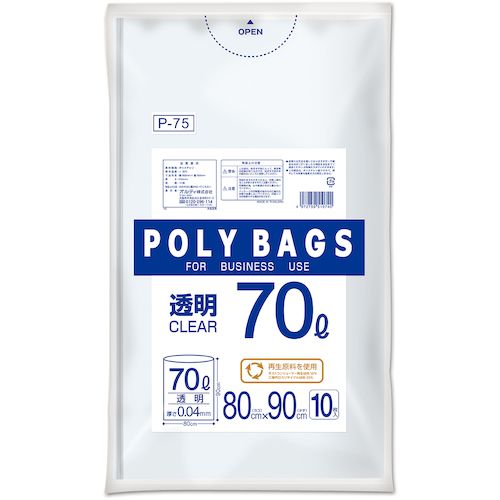 特長:●スタンダードゴミ袋 用途:●ゴミ袋 仕様:●縦(mm)：900●横(mm)：800●厚さ(mm)：0.04●容量(L)：70●色：透明 材質／仕上:●LD(低密度ポリエチレン）特長:●スタンダードゴミ袋 用途:●ゴミ袋 仕様:●縦(...