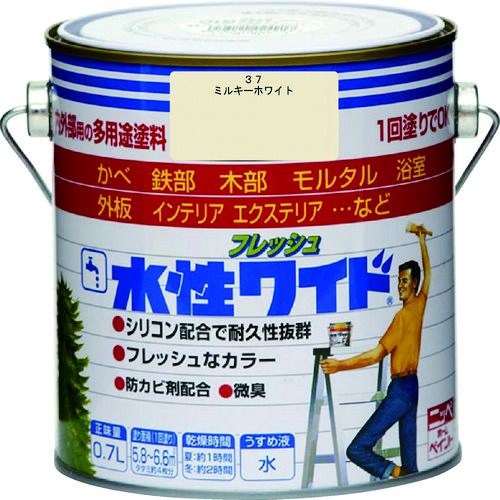 特長:●塗膜は汚れにくく、付着した汚れも水しぶきで簡単に洗浄できる（ウォッシャビリティに優れる）高性能塗料です。●タレにくい、微臭タイプです。●かび止め材、さび止め材配合しています。 用途:●浴室・台所・洗面所・部屋のかべや天井などに。●ド...