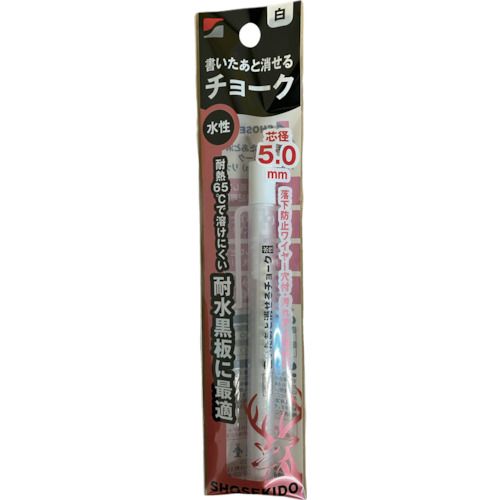 特長:●コンパクト耐水黒板用に最適です。 用途:●耐水黒板、ガラス、鉄鋼材、アスファルト、コンクリート等 仕様:●色：白●直径(mm)：16●長さ(mm)：130●芯径(mm)：5●タイプ：水性奥行き（mm)：16 仕様2:●水性マーキング...