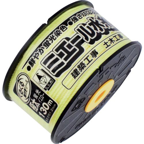 特長:●クルクル回る軸付きリールでスムーズな糸張りです。●長時間垂れにくい蛍光色ナイロン水糸です。 用途:●土木、建築、一般測量用。 仕様:●色：蛍光イエロー●糸長さ(m)：130●リールサイズ(mm)：直径80×45 仕様2:●軸付リール...