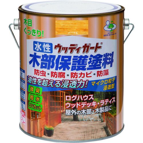特長:●マイクロ粒子浸透型の新しい微臭の水性木部保護塗料です。●木材の防虫・防腐・防かび・防藻効果に優れ、木材に浸透して内部から木の腐食を防ぎます。●耐候性に優れたマイクロ粒子浸透型顔料の採用で、木目がよりくっきりキレイな仕上がりになります...