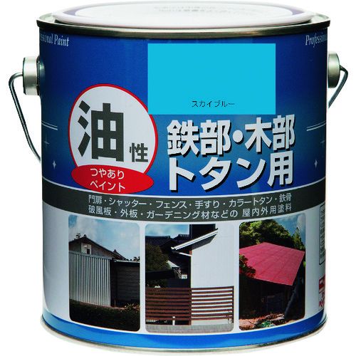 特長:●塩害・紫外線・酸性雨に強い、油性つやあり塗料です。 用途:●門扉、シャッター、フェンス、手すり、物置、鉄骨などの鉄部。●窓枠、ドア、雨戸、破風板、外板、ガーデニング材などの木部。●カラートタン。 仕様:●色：スカイブルー●容量(L)...