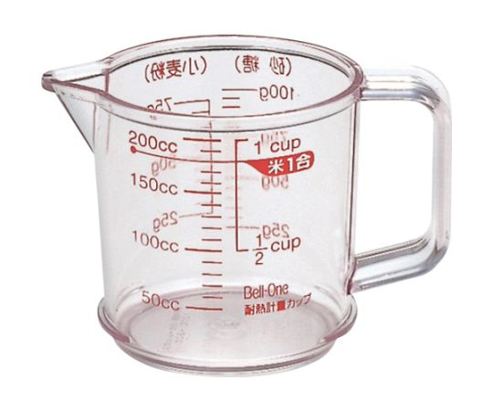 熱湯を注げる耐熱タイプです。見やすい目盛り付です。 容量（mL）：250目盛間隔（mL）：10外径（mm）：72高さ（mm）：73耐熱温度（℃）：100℃タイプ：丸タイプ最大幅（mm）：107取手付材質／仕上：AS樹脂注意：火のそばで使用し...