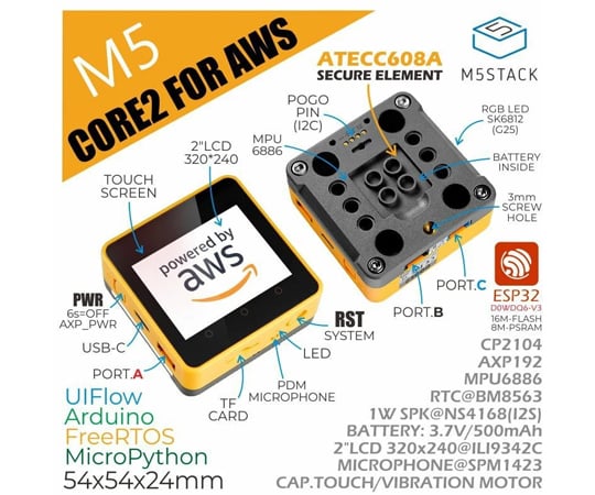 アマゾンのAWSに接続するための開発キット M5Stack Core2に本製品用にカスタマイズされたM5GO Bottom2を加えた開発キットです。AWSサービスを使用してIoTアプリケーションを構築することができます。 コアにはESP32...
