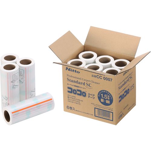 特長:●オフィスでの使いやすさや作業効率を考えたすじ塗り粘着タイプです。●1巻あたりの長さを長くしたコンパクト設計で、取り替え回数とごみ量を削減。●環境配慮型のecoパッケージです。 用途:●オフィス内の床掃除に。 仕様:●タイプ：すじ塗り...