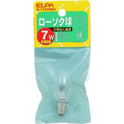 特長:●ローソクの炎形をしており、ローソク灯、灯明用などに適しています。 仕様:●全長(mm)：53●消費電力(W)：7●口金：E12●定格寿命(時間)：約1000●色：クリア●電圧(V)：100 仕様2:●本体サイズ(mm)：バルブ径23...